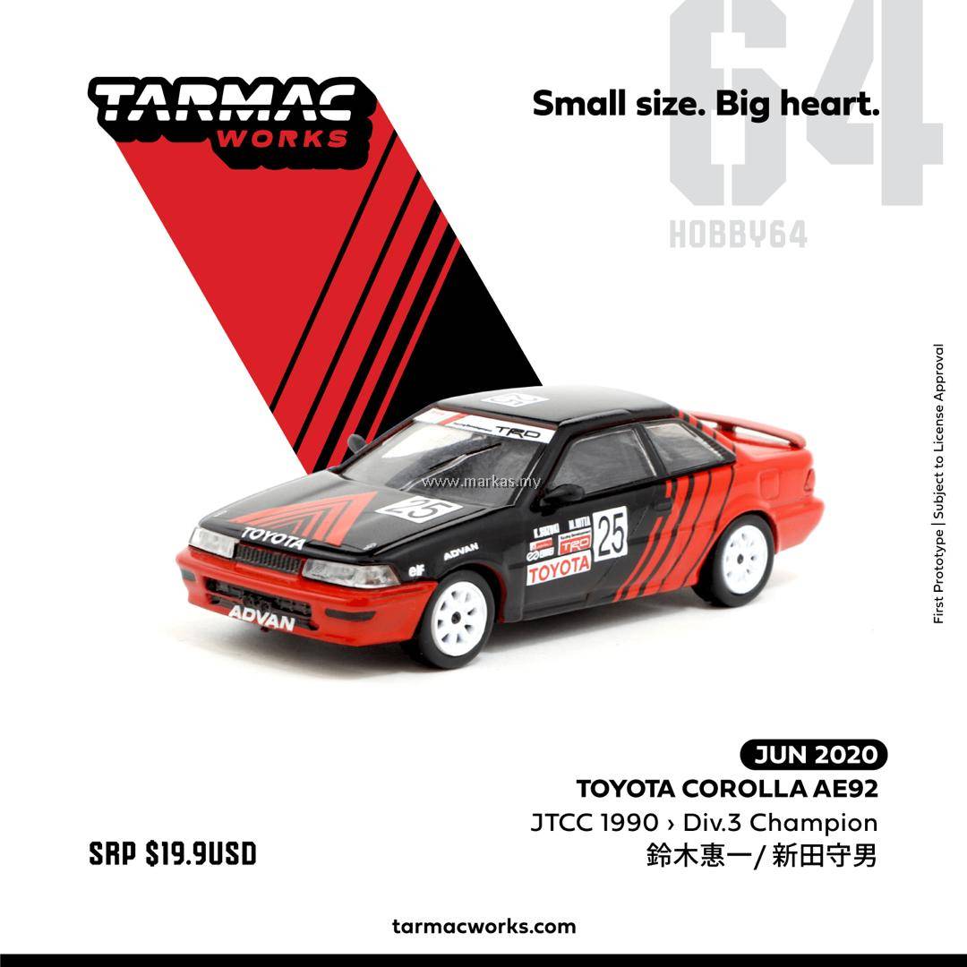 (PO) TARMAC WORKS 1/64 TOYOTA COROLLA AE92 JTCC 1990 DIV.3 CHAMPION