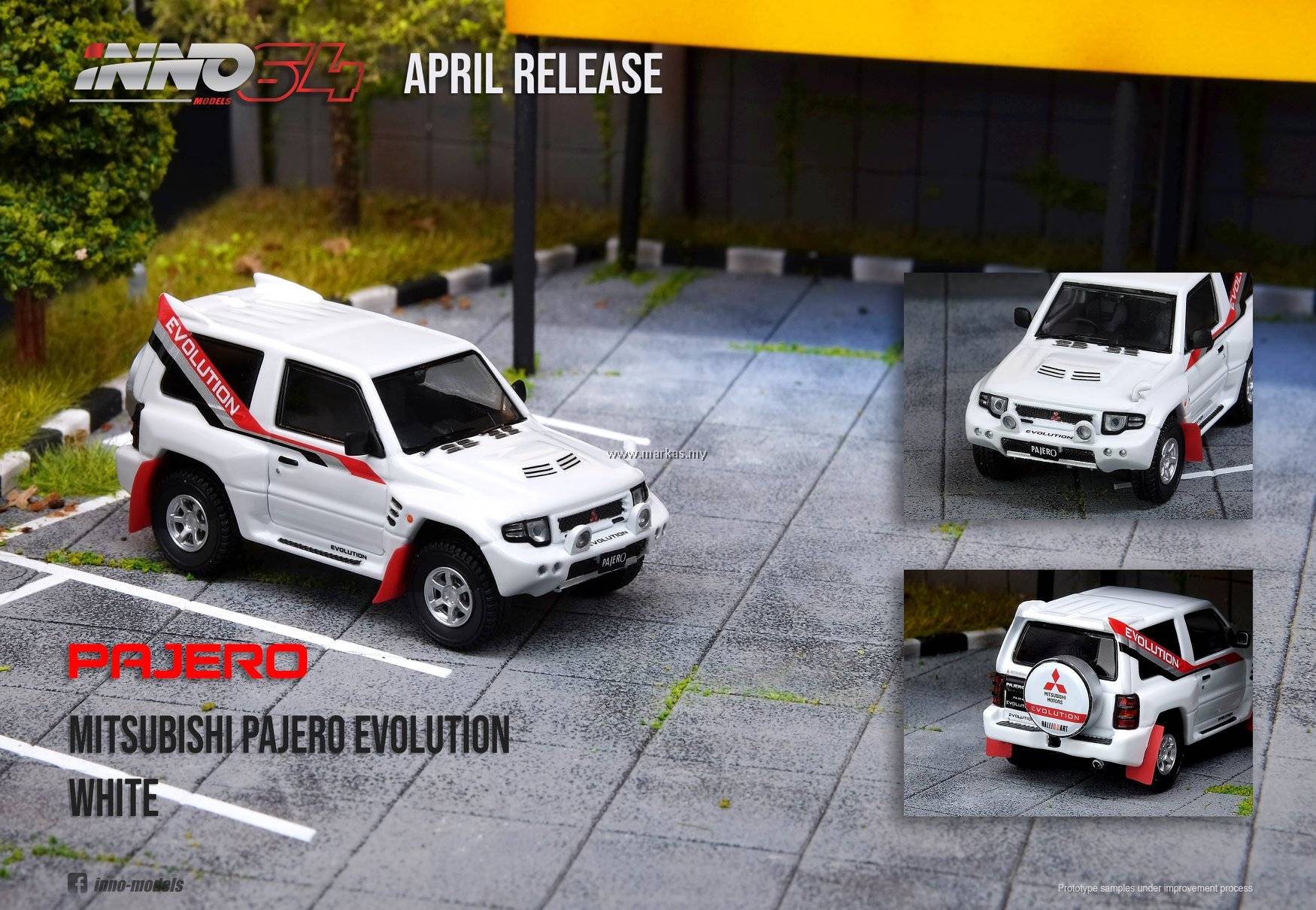 INNO MODELS INNO64 1/64 MITSUBISHI PAJERO EVOLUTION WHITE WITH EXTRA WHEELS
