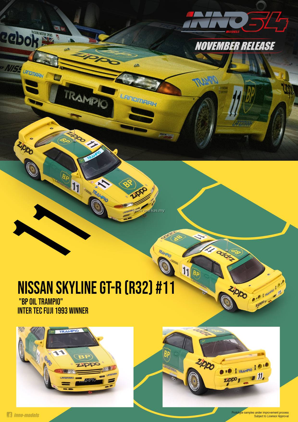 (PO) INNO MODELS INNO64 1/64 NISSAN SKYLINE GT-R R32 #11 BP OIL TRAMPIO ...