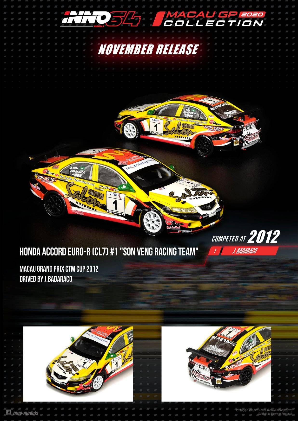 INNO MODELS INNO64 1/64 HONDA ACCORD EURO-R CL7 #1 CTM CUP 2012 MACAU ...