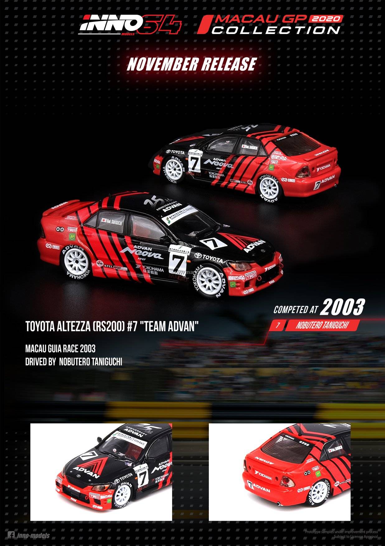 INNO MODELS INNO64 1/64 TOYOTA ALTEZZA RS200 #7 TEAM ADVAN MACAU GRAND ...