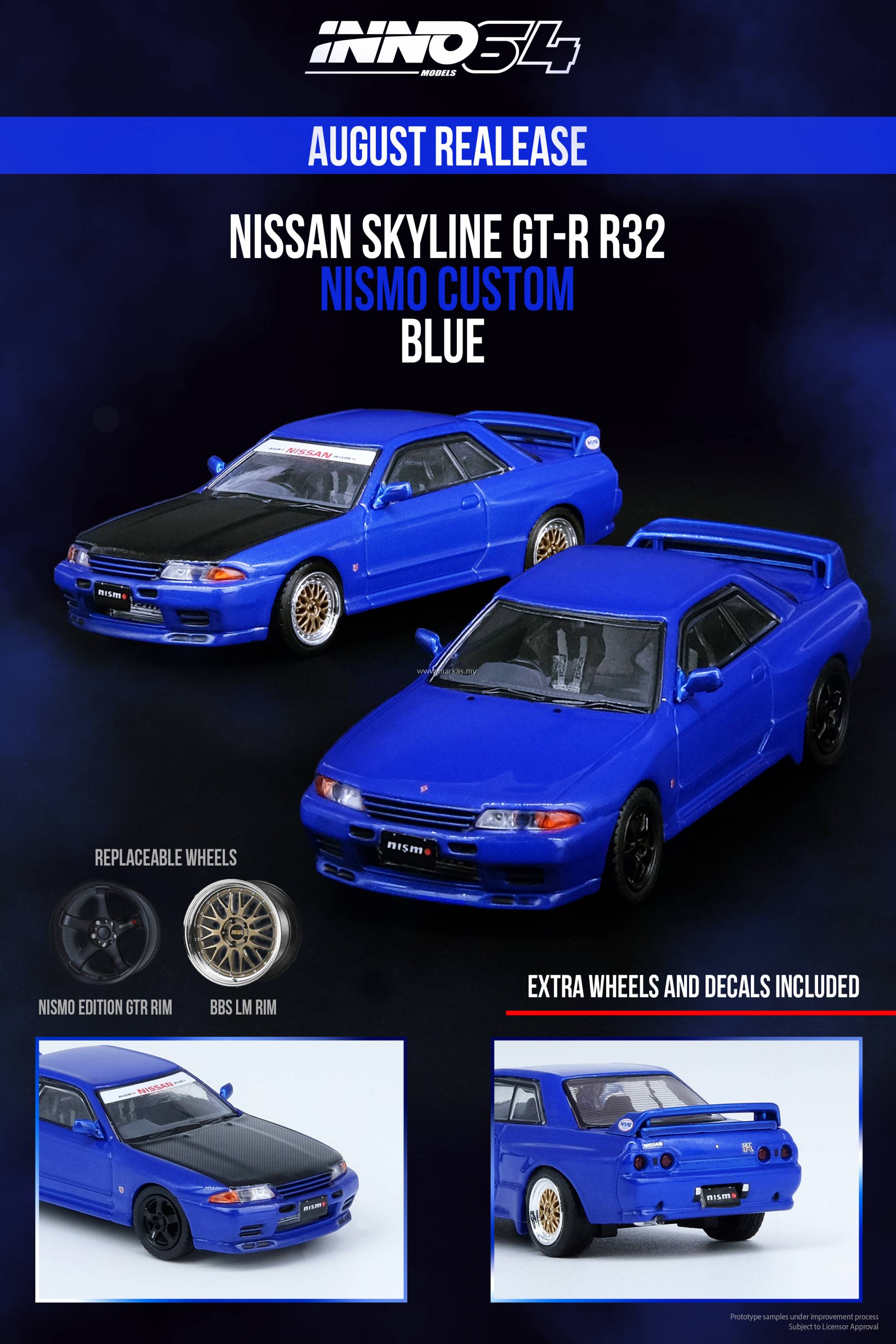 INNO MODELS INNO64 1/64 NISSAN SKYLINE GT-R R32 BLUE WITH EXTRA WHEELS AND EXTRA DECALS