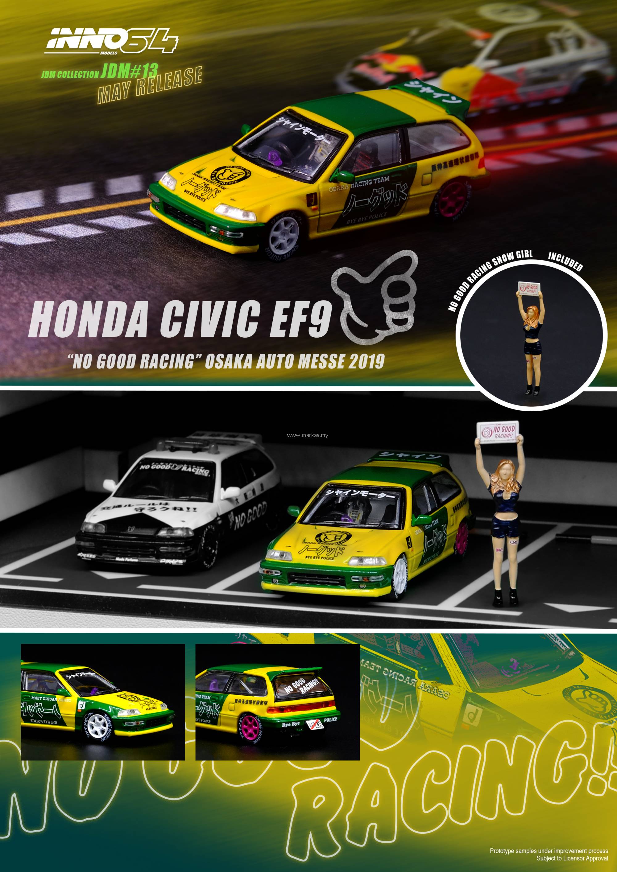 INNO MODELS INNO64 1/64 HONDA CIVIC EF9 NO GOOD RACING OSAKA AUTO MESSE 2019 WTIH FIGURE