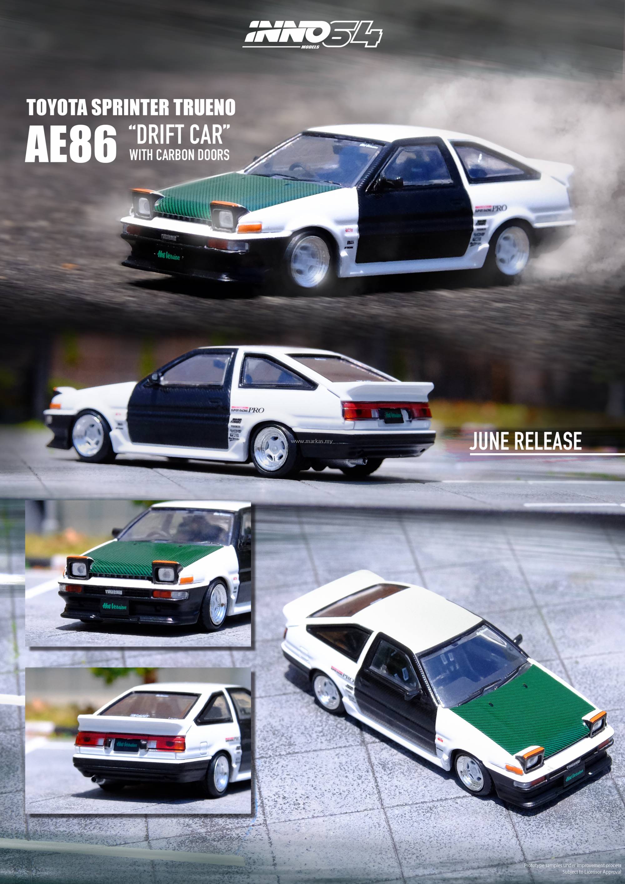 INNO MODELS INNO64 1/64 TOYOTA SPRINTER TRUENO AE86 DRIFT CAR WITH CARBON AND CARBON FIBER ON ...