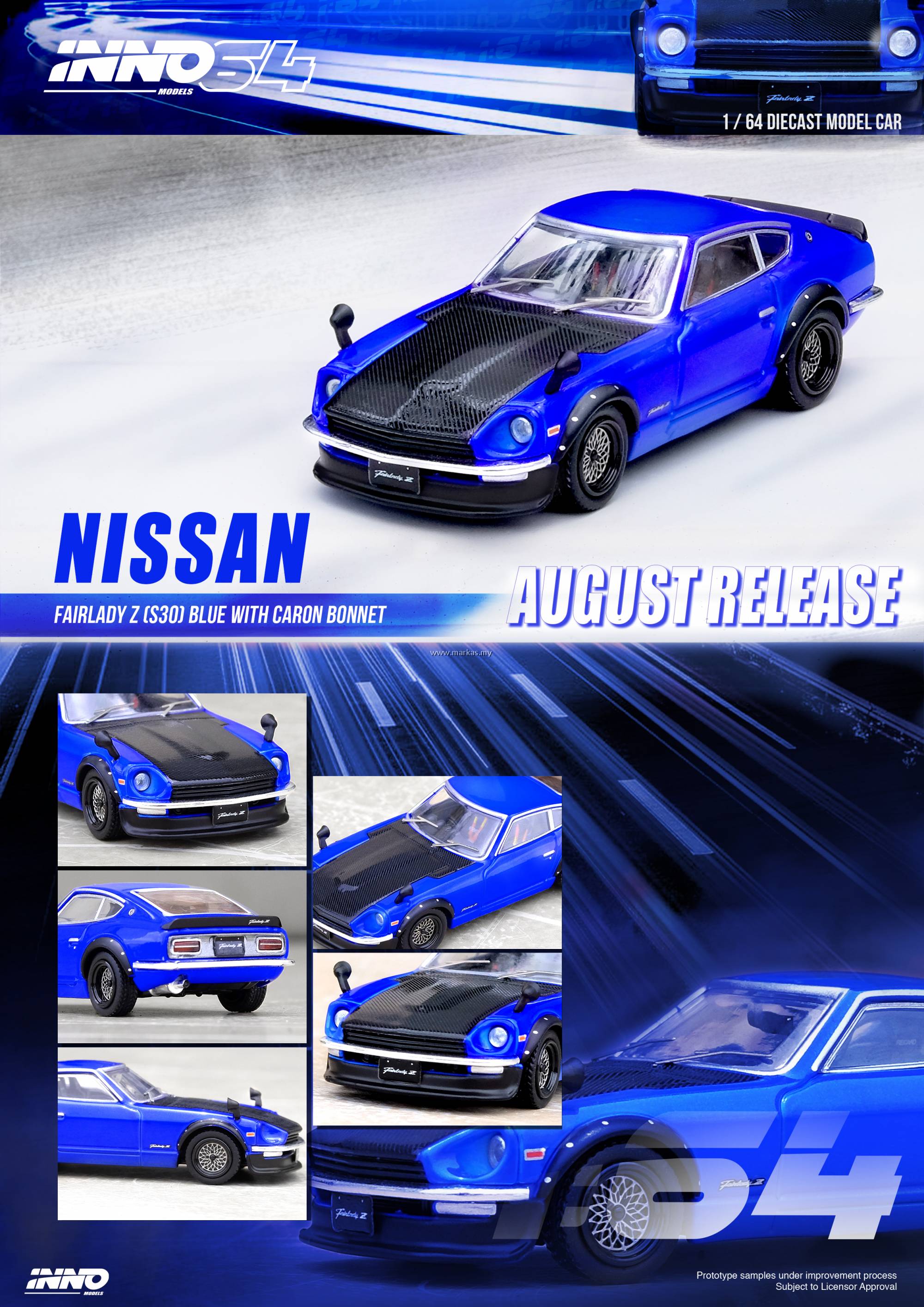 INNO MODELS INNO64 1/64 NISSAN FAIRLADY Z S30 BLUE WITH CARBON HOOD
