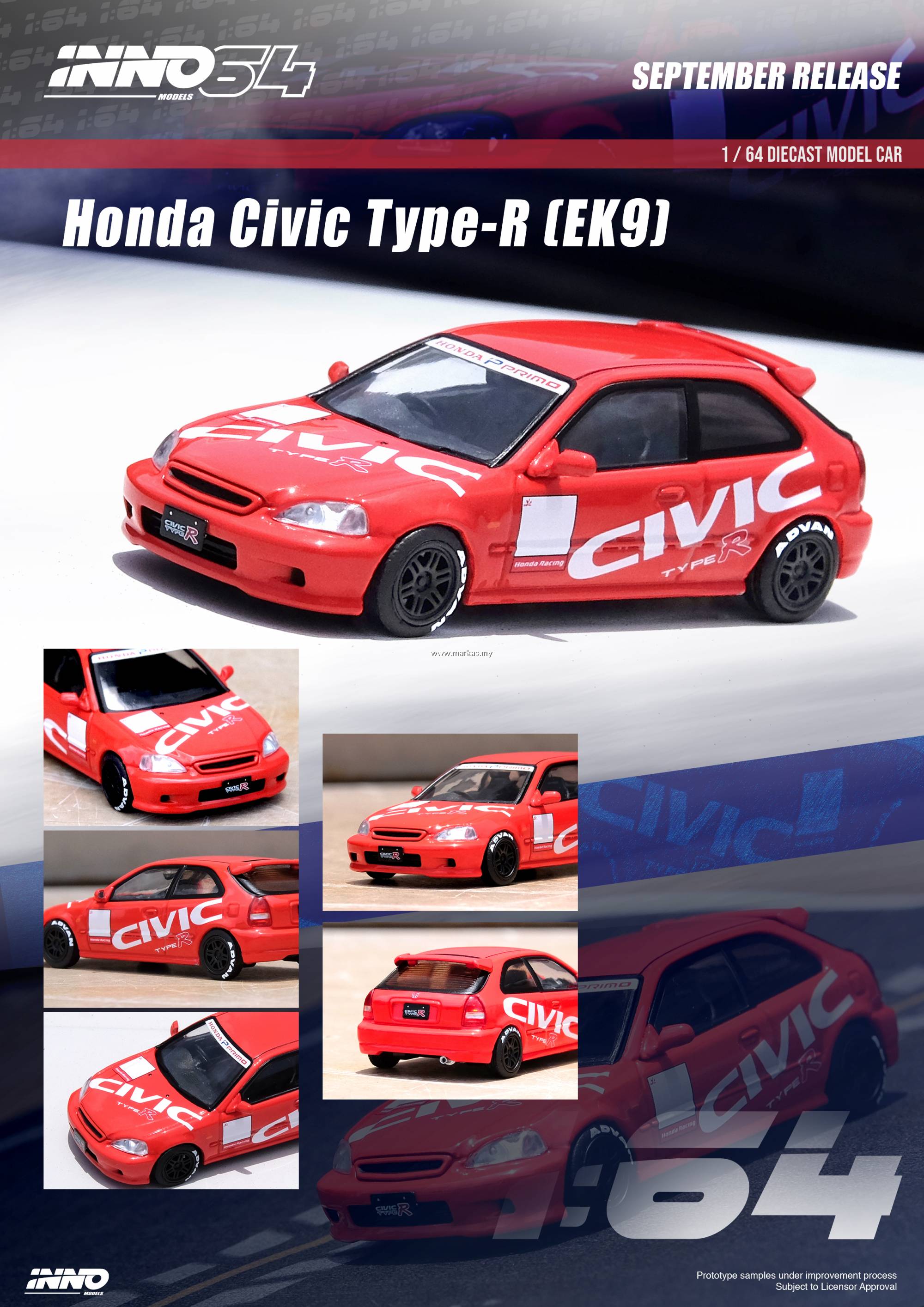 INNO MODELS INNO64 1/64 HONDA CIVIC TYPE-R EK9 RED CIVIC LIVERY