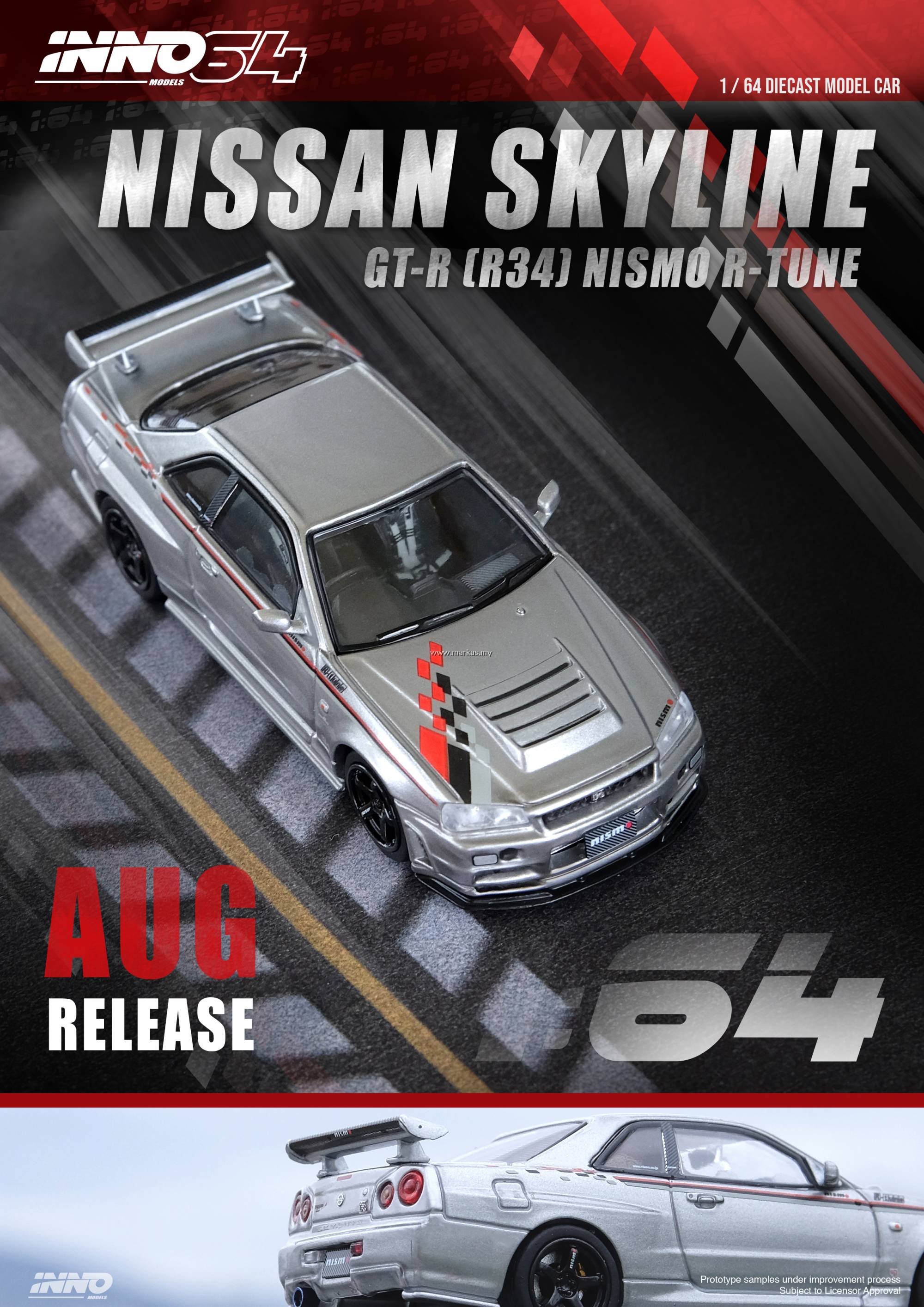 INNO MODELS INNO64 1/64 NISSAN SKYLINE GT-R R34 R-TUNE SILVER