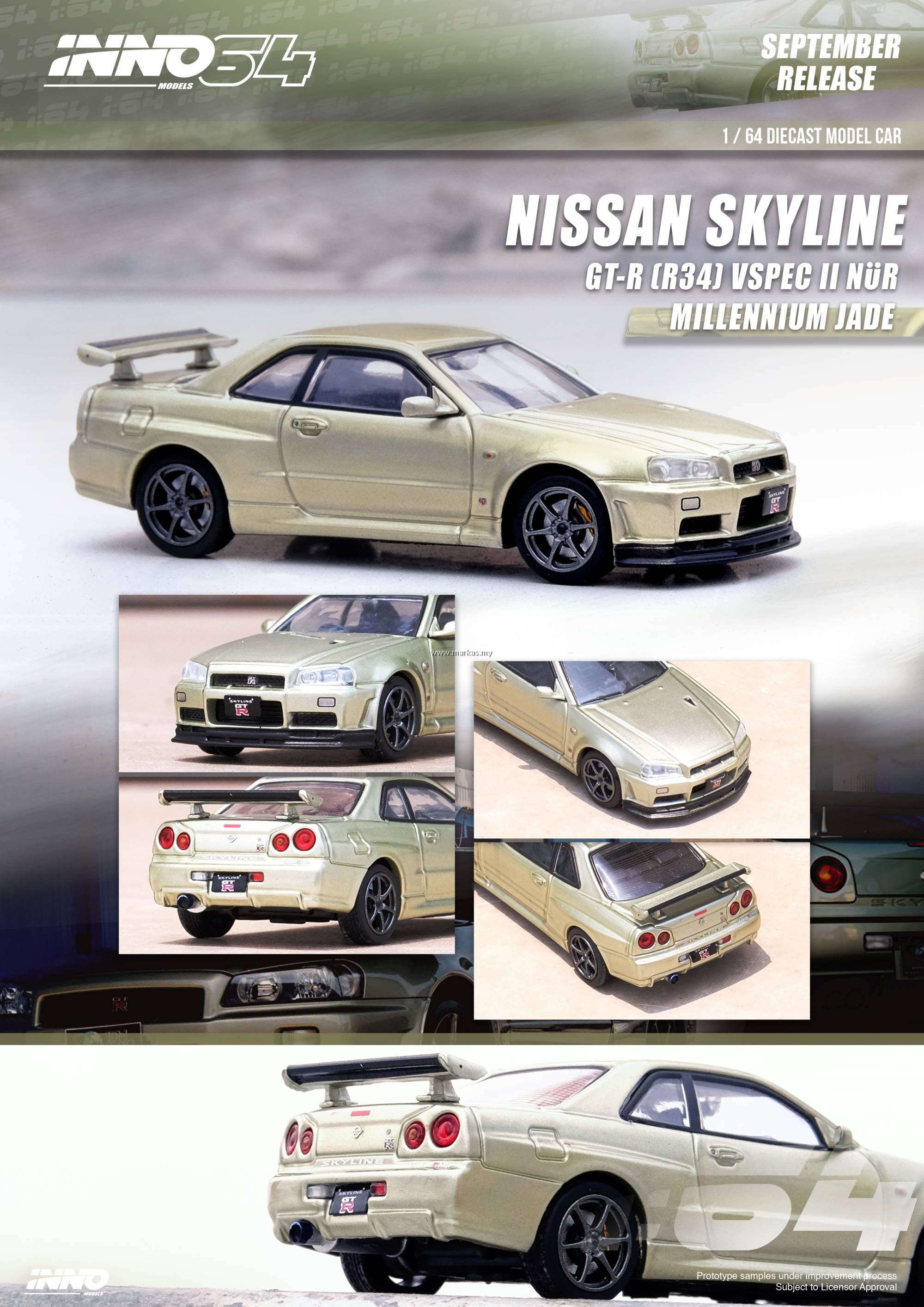 INNO MODELS INNO64 1/64 NISSAN SKYLINE GT-R R34 VSPEC II NUR MILLENIUM JADE