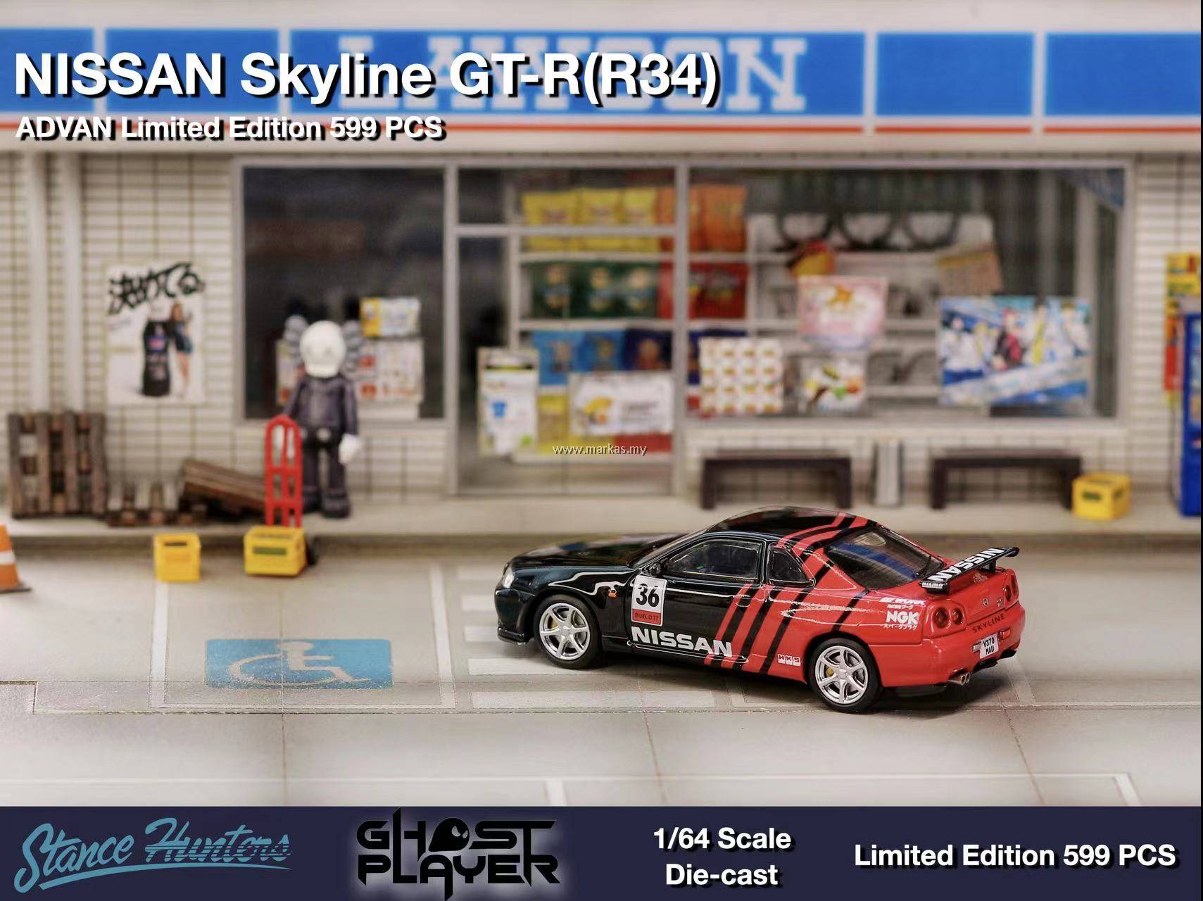 STANCE HUNTERS X GHOST PLAYER 1/64 NISSAN SKYLINE GT-R R34 ADVAN LIVERY