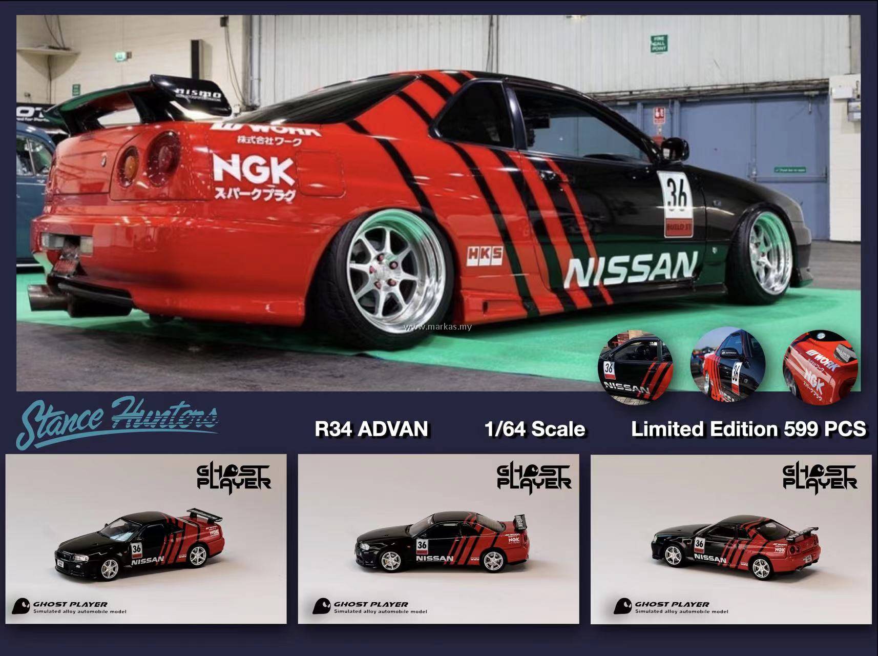 STANCE HUNTERS X GHOST PLAYER 1/64 NISSAN SKYLINE GT-R R34 ADVAN LIVERY