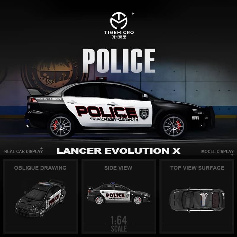 (PO) TIME MICRO 1/64 MITSUBISHI LANCER EVO X SEACREST POLICE WITH FIGURE