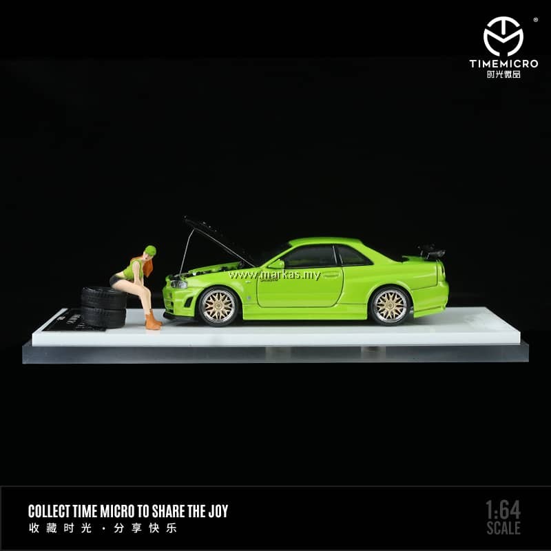 (PO) TIME MICRO 1/64 NISSAN GT-R R34 Z-TUNE METALLIC GREEN WITH FIGURE